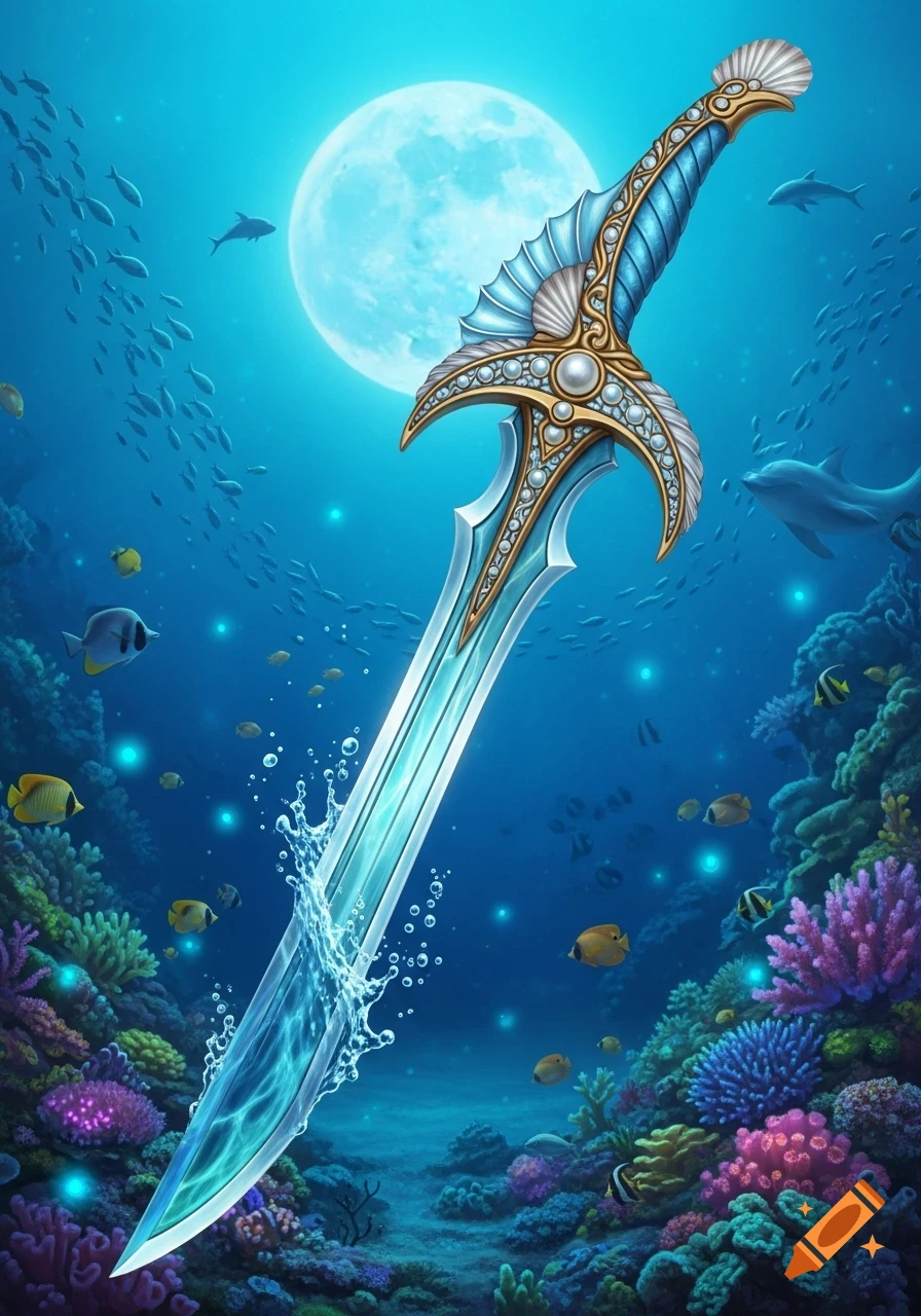 A glowing, ornate sword with shell details stands in a vibrant coral ...