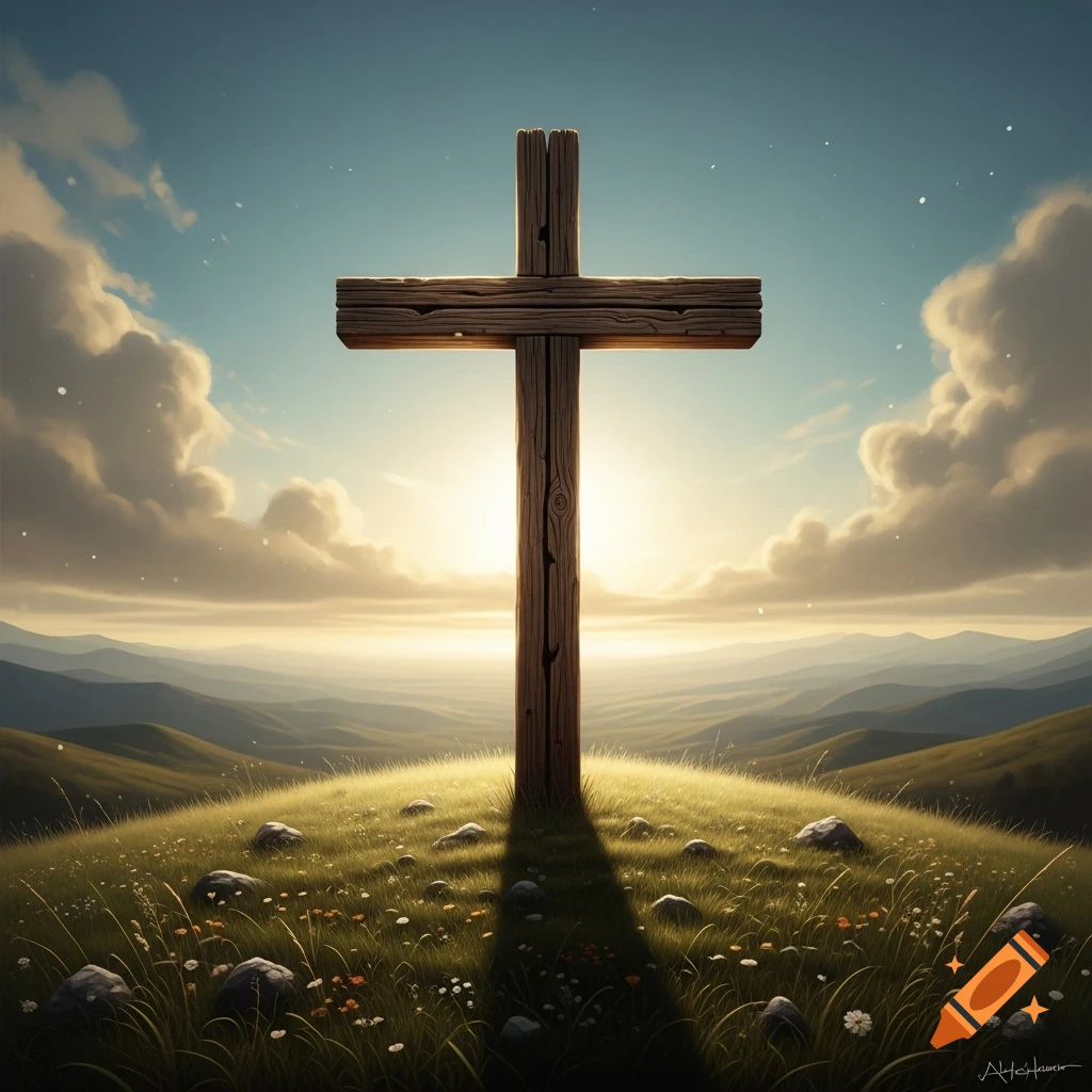 A rugged wooden cross stands atop a grassy hill overlooking a mountain ...