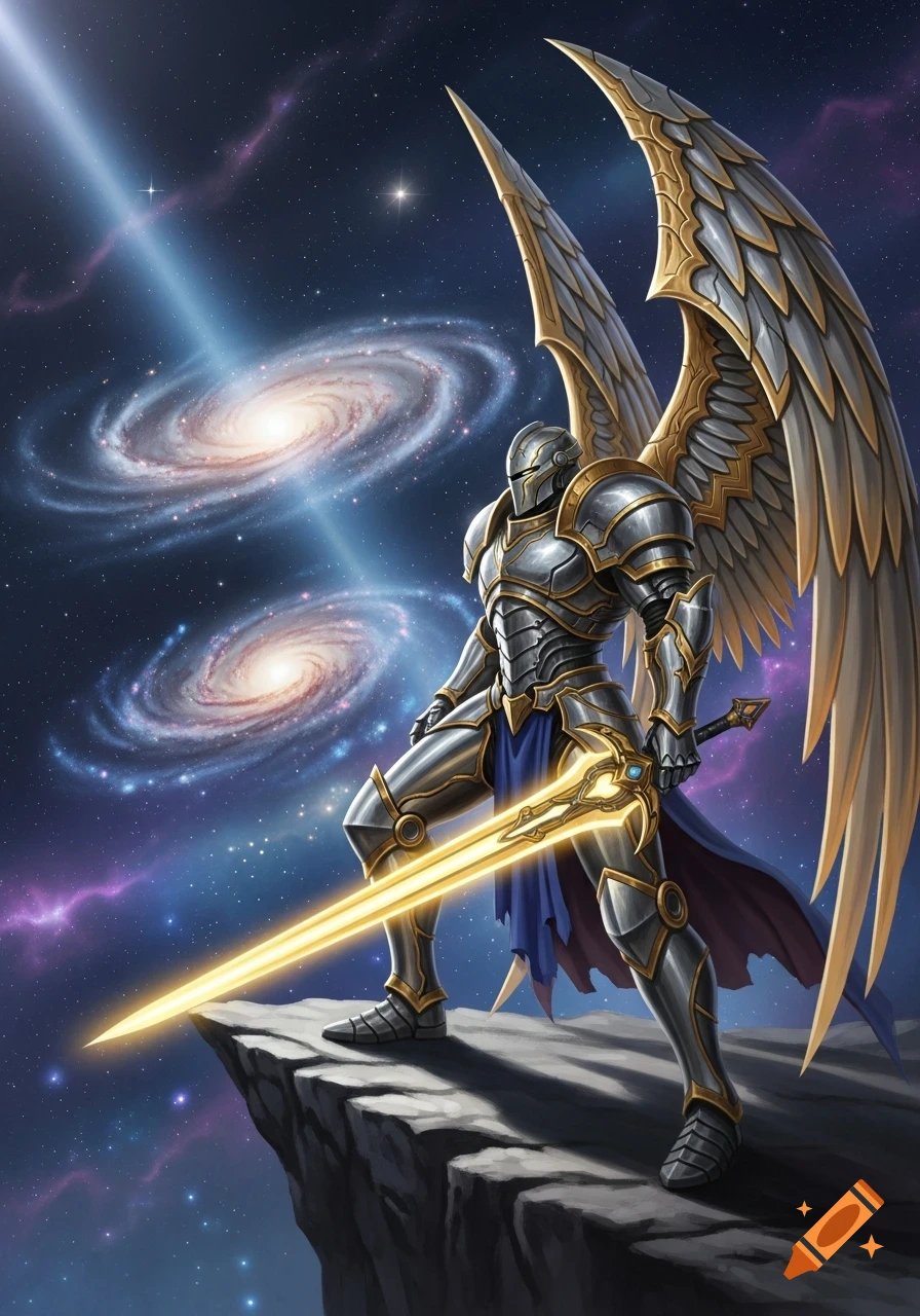 An armored futuristic knight with golden wings stands on a cliff ...