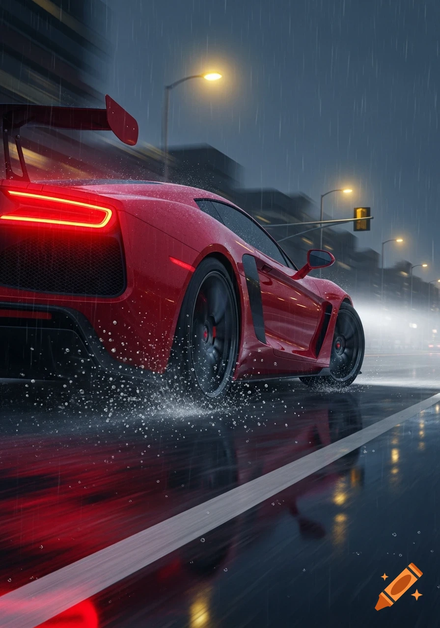 A red sports car speeds down a wet city street at night, splashing ...