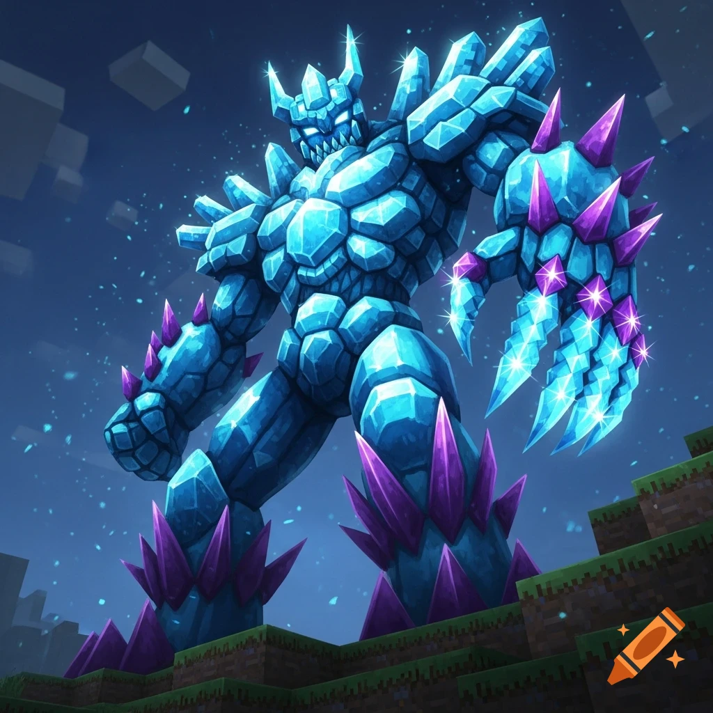 A towering blue crystal monster with glowing eyes, sharp claws, and ...
