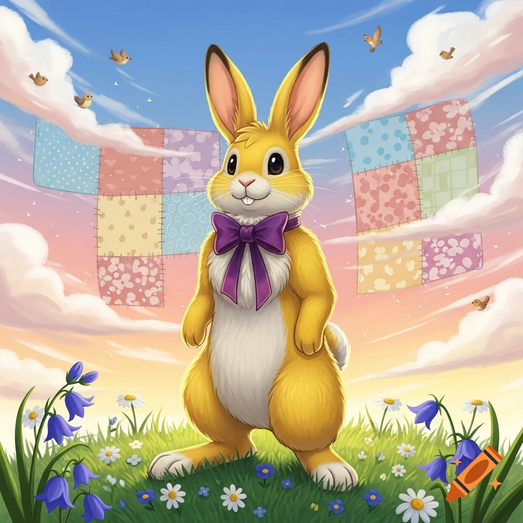 A cartoon yellow rabbit with a purple bow tie stands in a flowery green ...