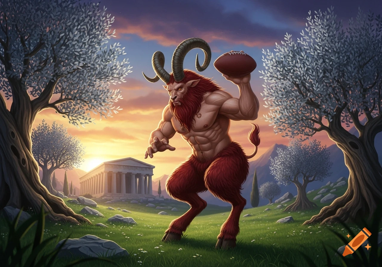 Muscular red satyr in an ancient Greek landscape with a temple and ...