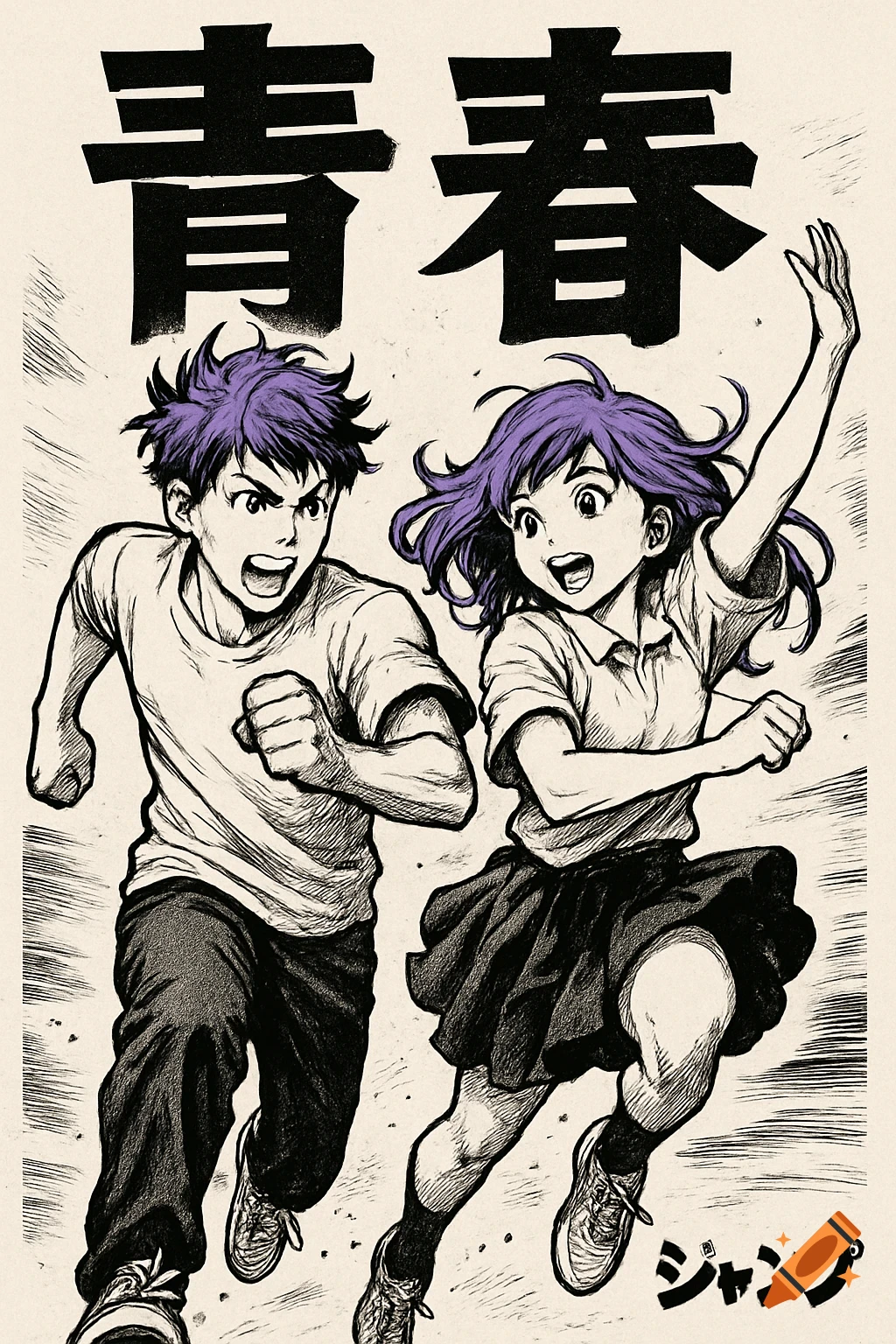 Dynamic Japanese comic art of a purple-haired young man and woman ...