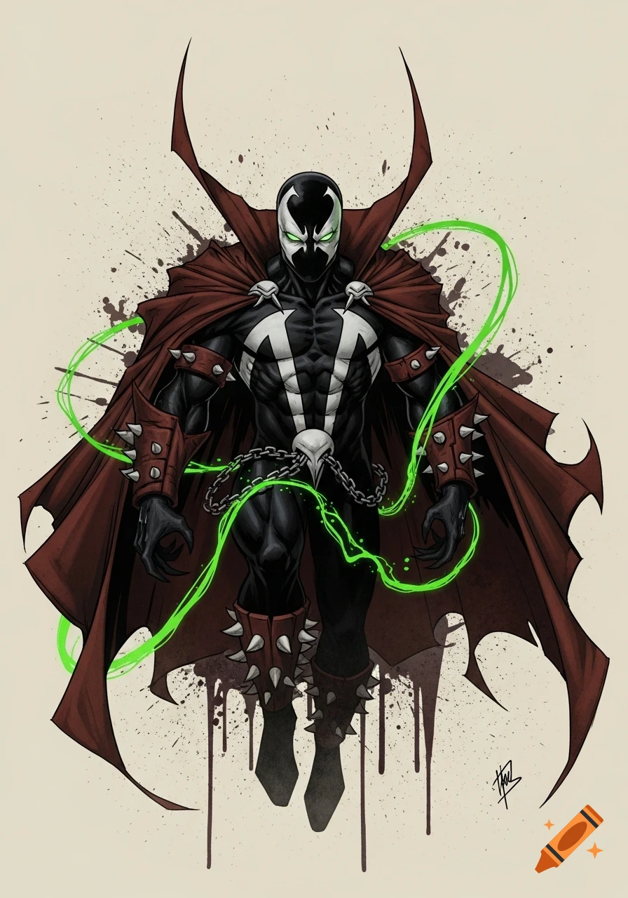 Stylized comic illustration of Spawn in his black suit and red cape, surrounded by green energy ...