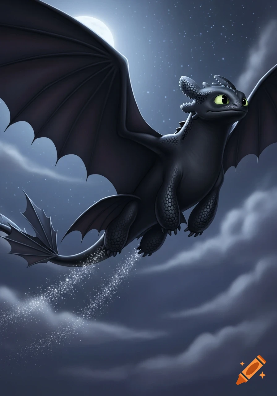 Toothless, the black dragon, flies through a star-filled night sky with ...