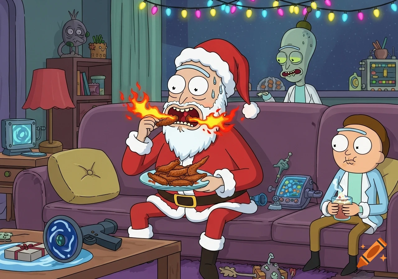 Rick Sanchez dressed as Santa Claus eats flaming hot wings, breathing ...