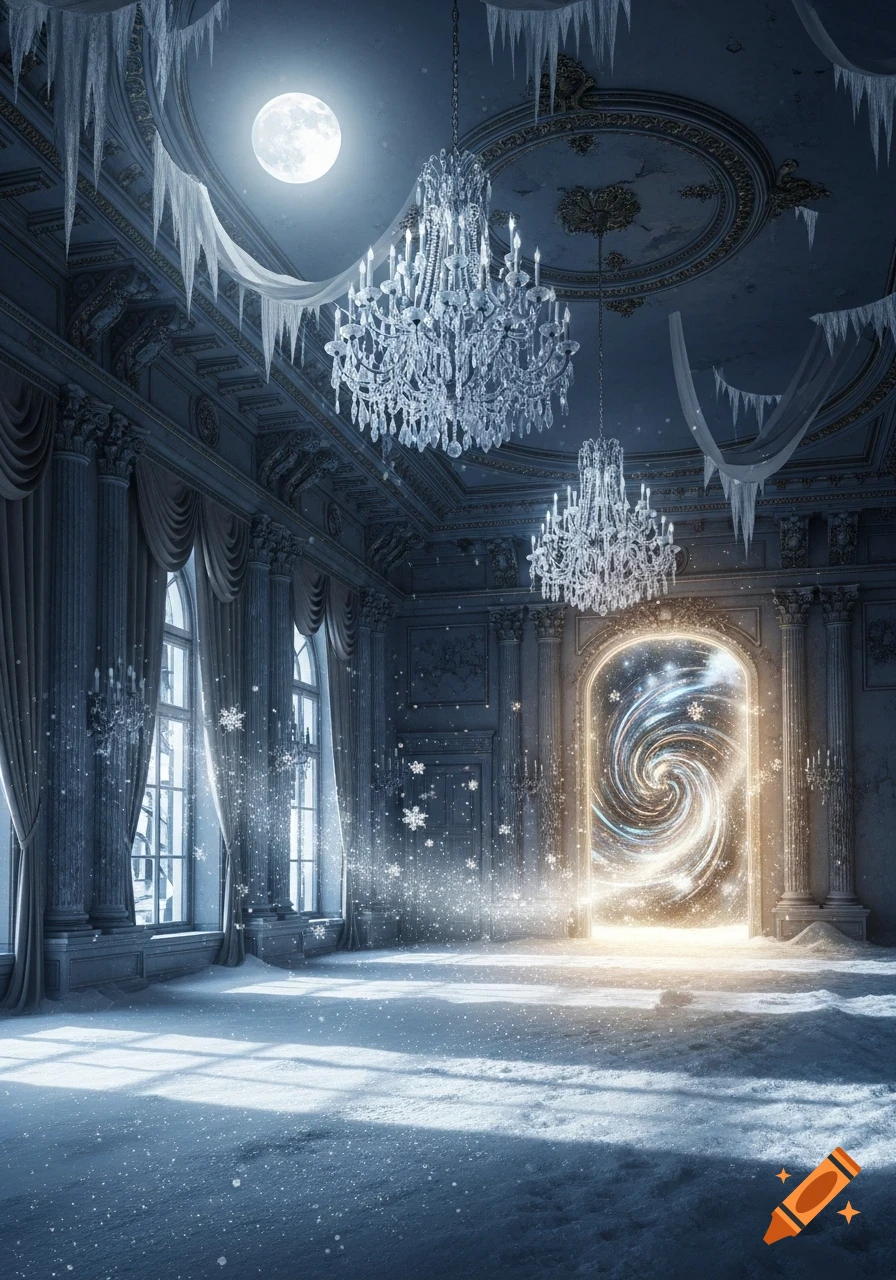 An ornate, snow-covered ballroom under a full moon, with chandeliers ...