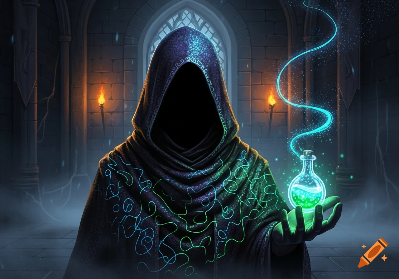 A mysterious hooded figure with a black void for a face holds a glowing green potion, from which ...
