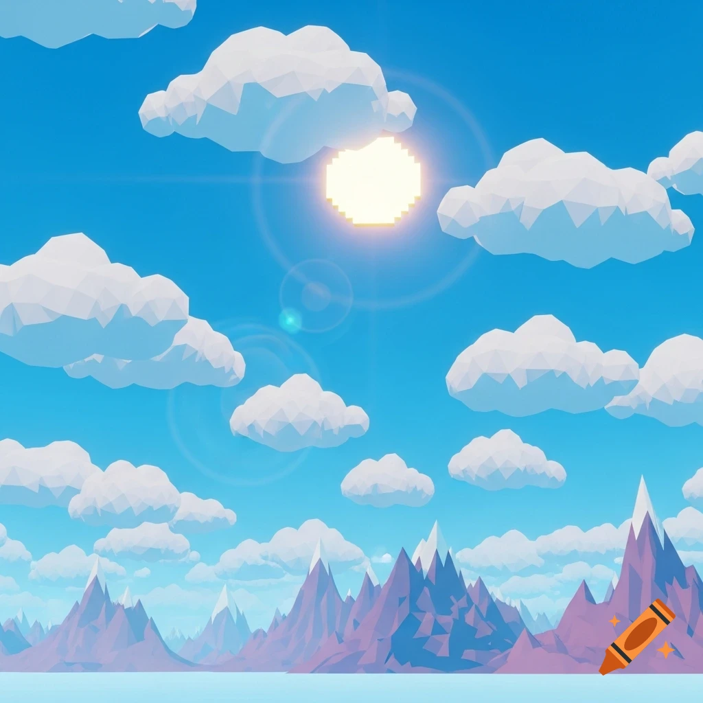 Low-poly landscape with polygonal clouds, pixelated sun, and pink ...