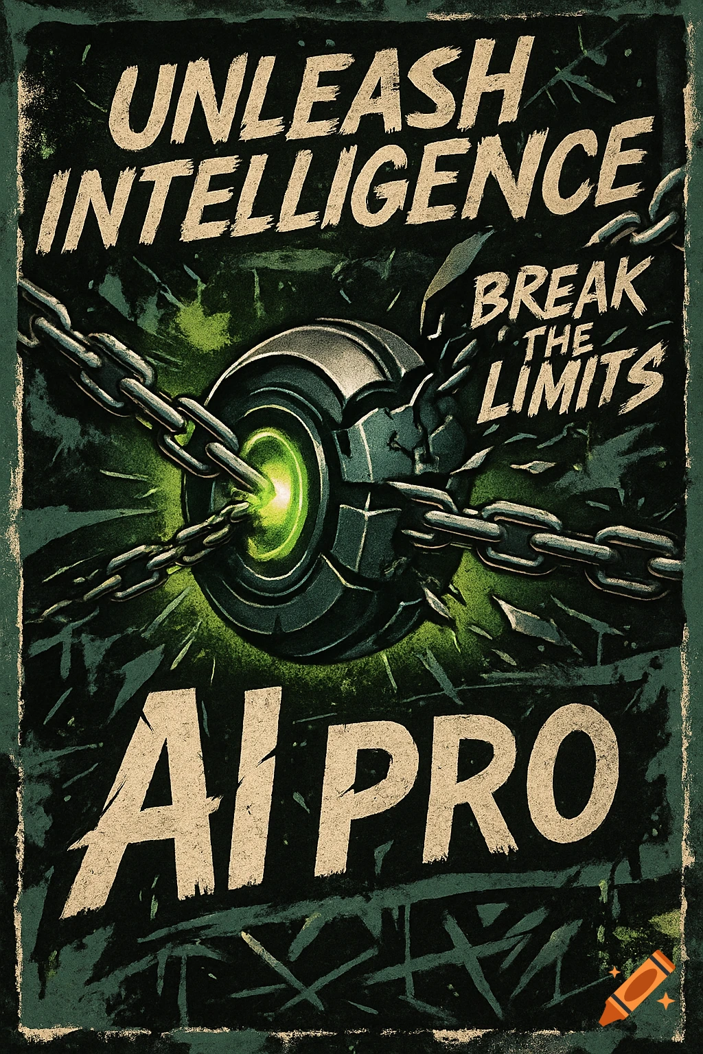 A gritty, punk-style poster for AI Pro. A futuristic AI core breaks ...