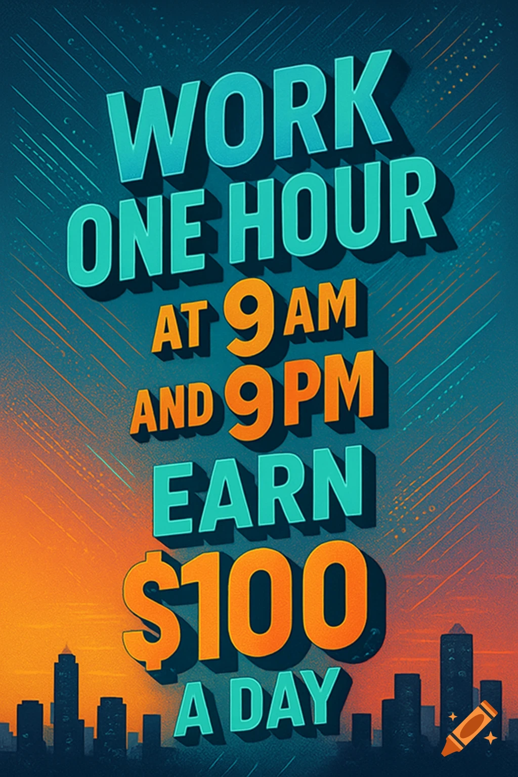 A graphic poster with the text 'Work one hour at 9AM and 9PM Earn $100 ...