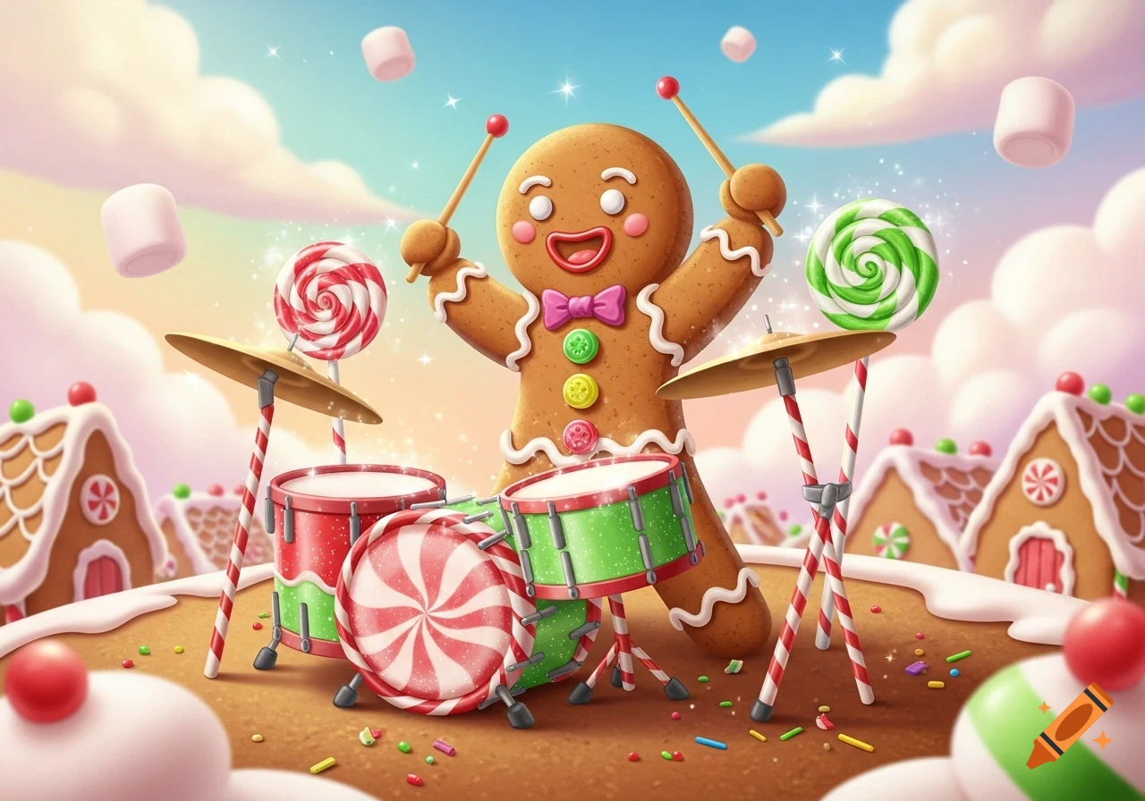 A happy gingerbread man with a pink bow tie plays a drum set made of candy amidst a sweet candy ...