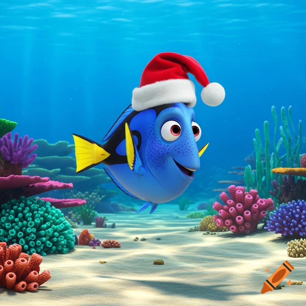 A blue tang fish, in the style of Pixar's Dory, wears a red Santa hat ...