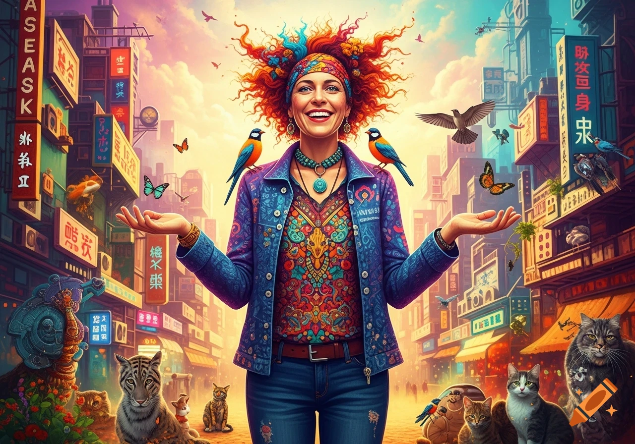 A vibrant, psychedelic image of a smiling woman with fiery red hair and ...