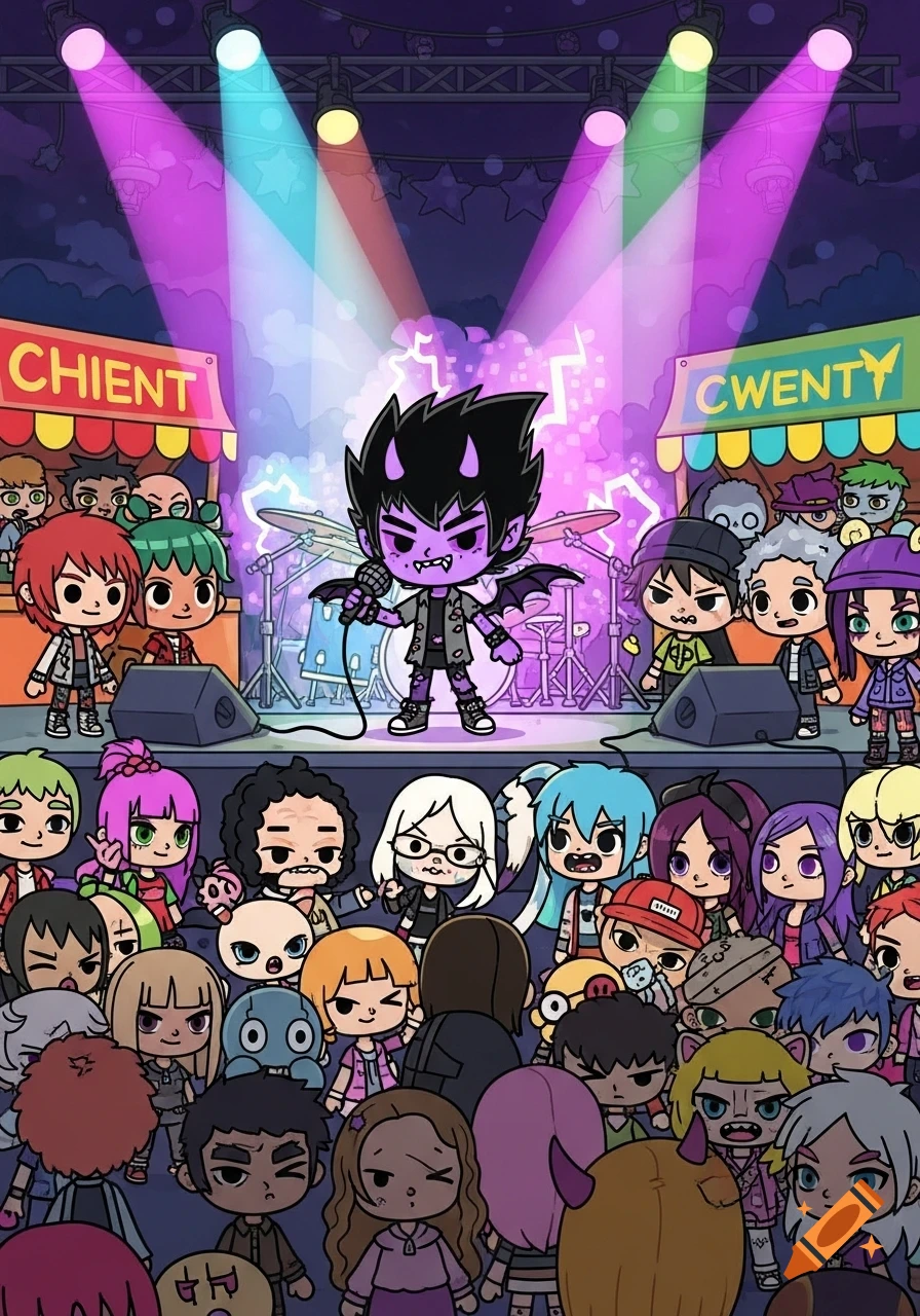 A colorful cartoon concert with a purple demon boy rockstar singing on ...