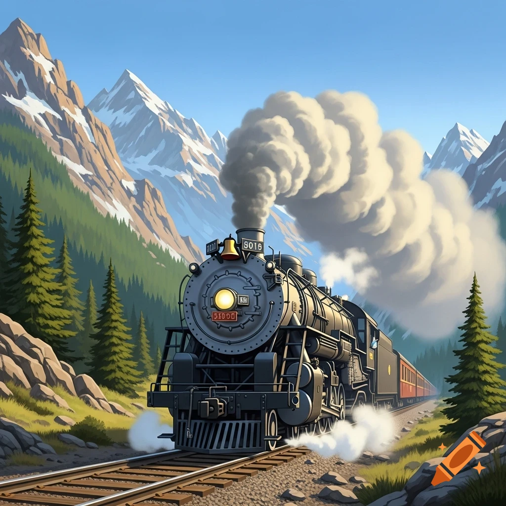 A stylized steam train with a bright headlight emits white smoke as it ...