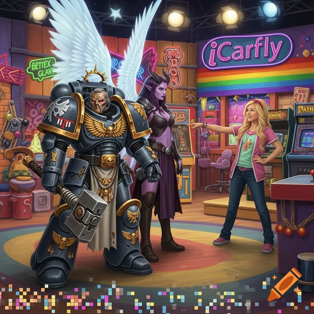 Gabriel Angelos and Arushalae stand in an arcade-like iCarly set, with ...