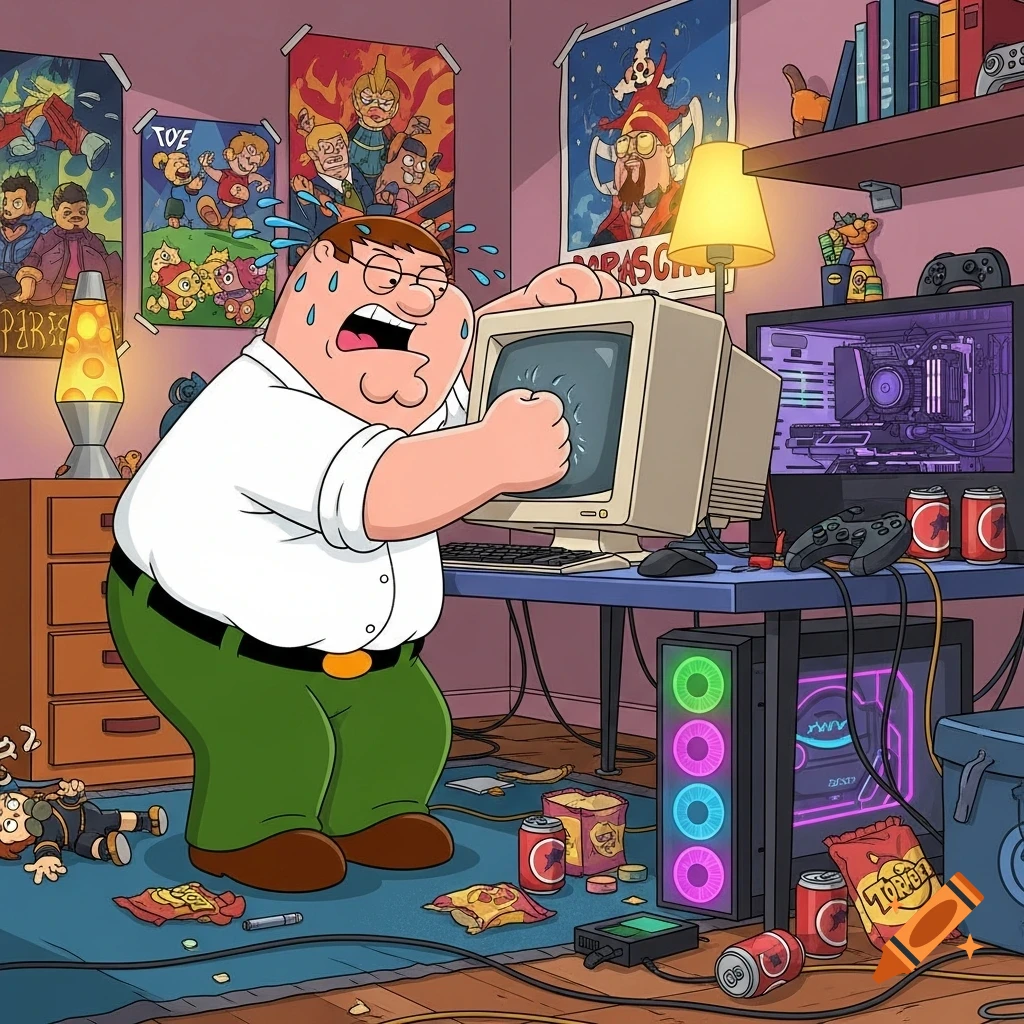 Peter Griffin rages, punching an old computer monitor in a messy gaming ...