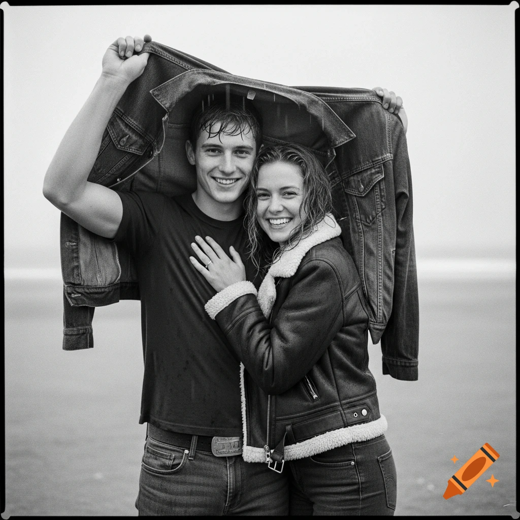 A black and white photo of a smiling young couple in the rain, the man ...
