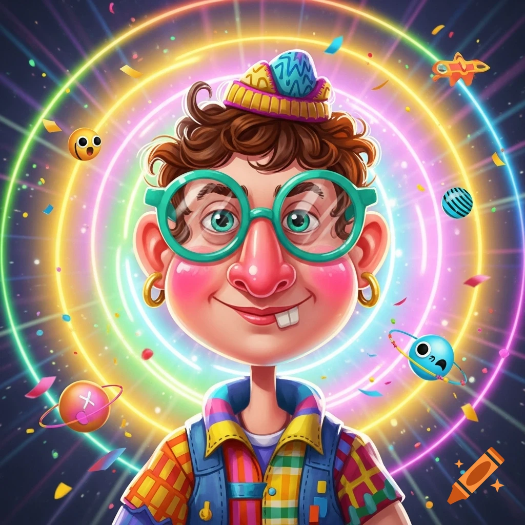 Vibrant cartoon portrait of a goofy character with big teal glasses ...