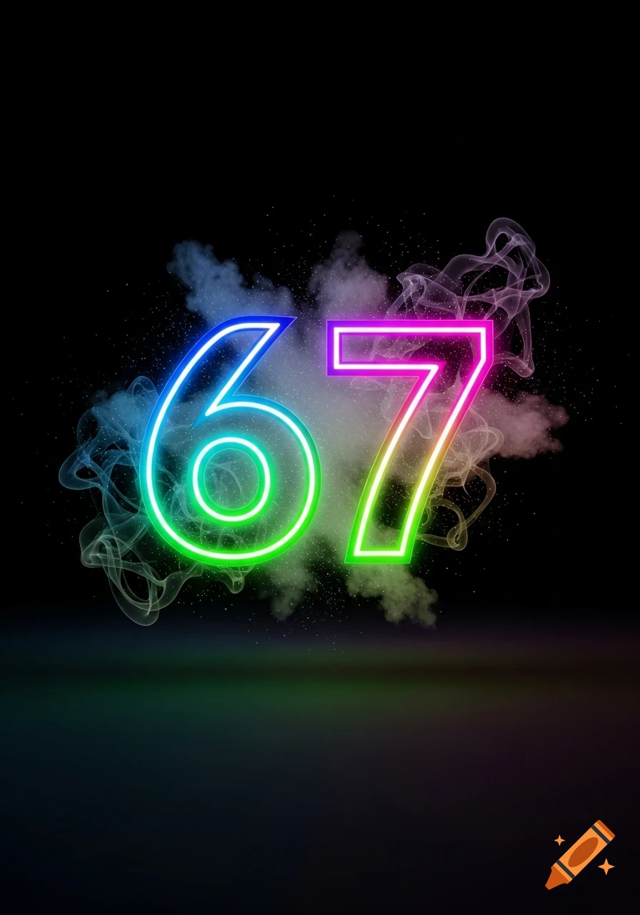 Rainbow neon numbers '67' amidst colorful smoke on a dark background ...