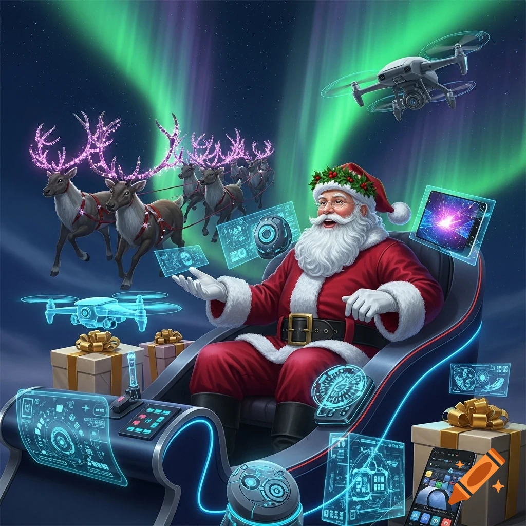 A modern Santa Claus in a high-tech sleigh with holographic controls ...