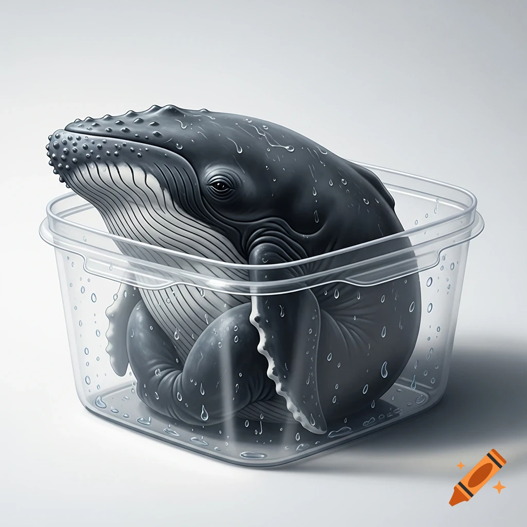 A photorealistic humpback whale is curled up inside a clear plastic ...
