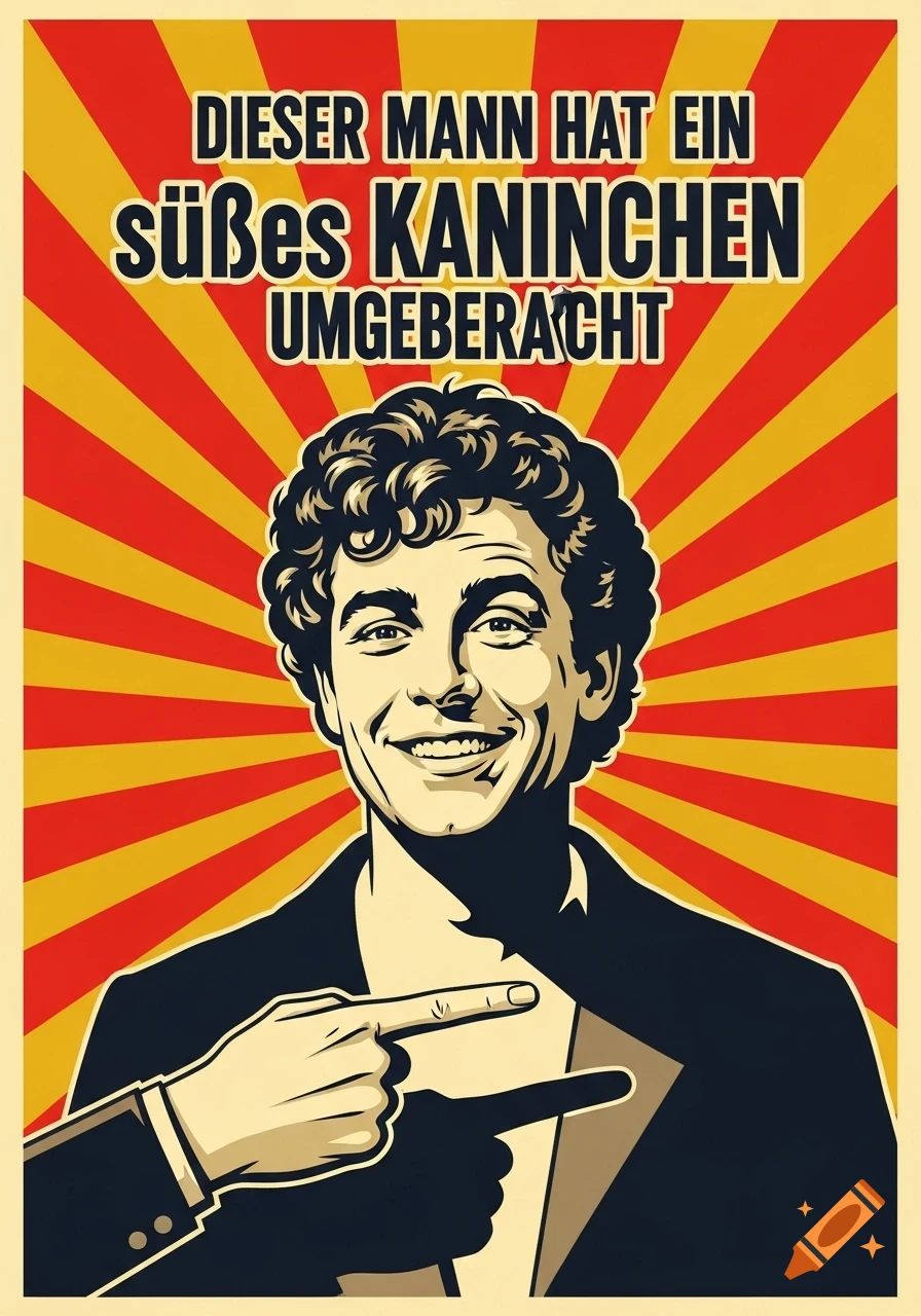 A vintage propaganda-style poster with a smiling curly-haired man and a hand pointing at him ...