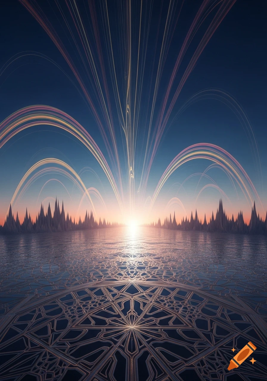 Vibrant abstract landscape with a glowing sunset, intricate geometric ...