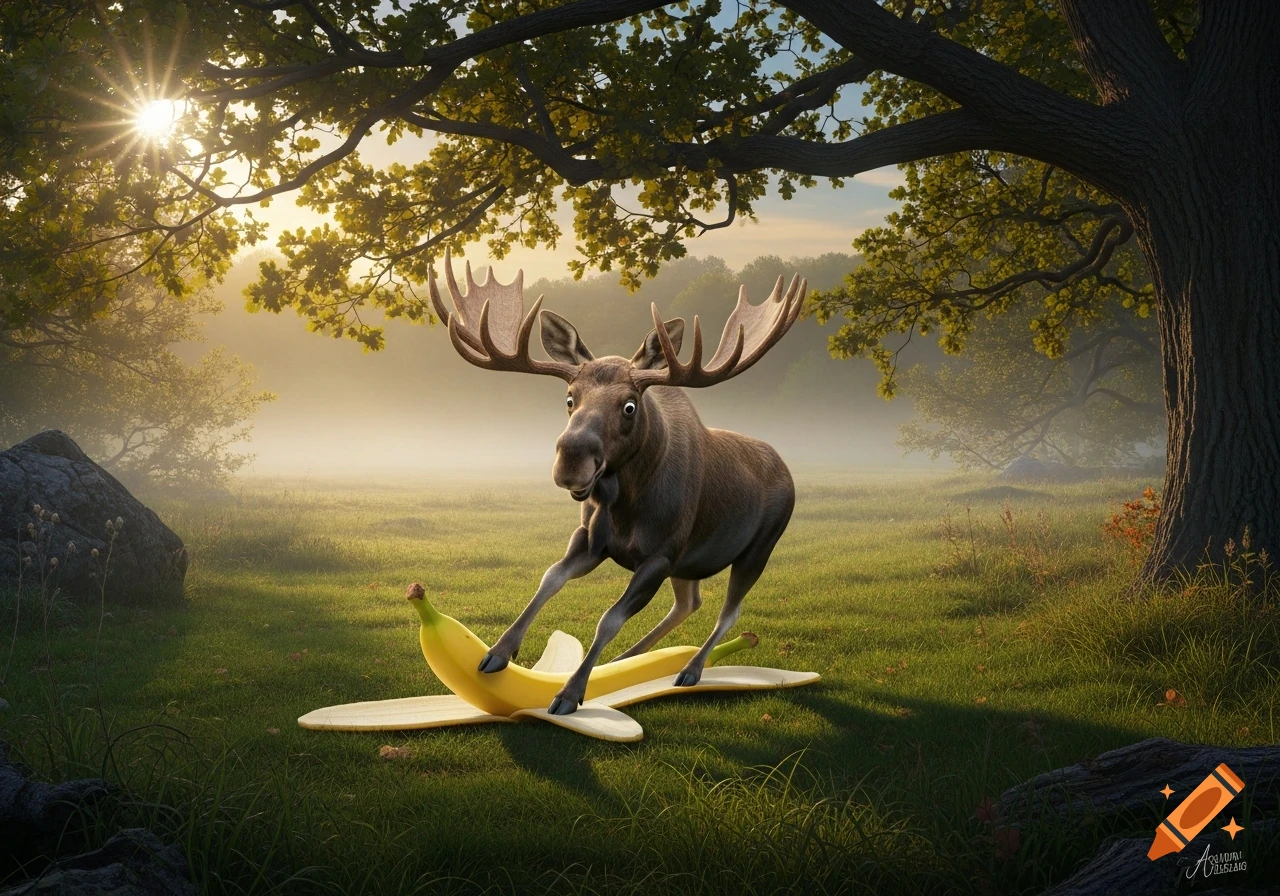 A surprised moose with large antlers slips comically on a bright yellow ...