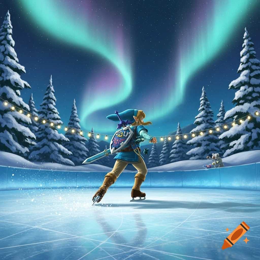 Link from Breath of the Wild ice skating on a rink surrounded by snowy ...