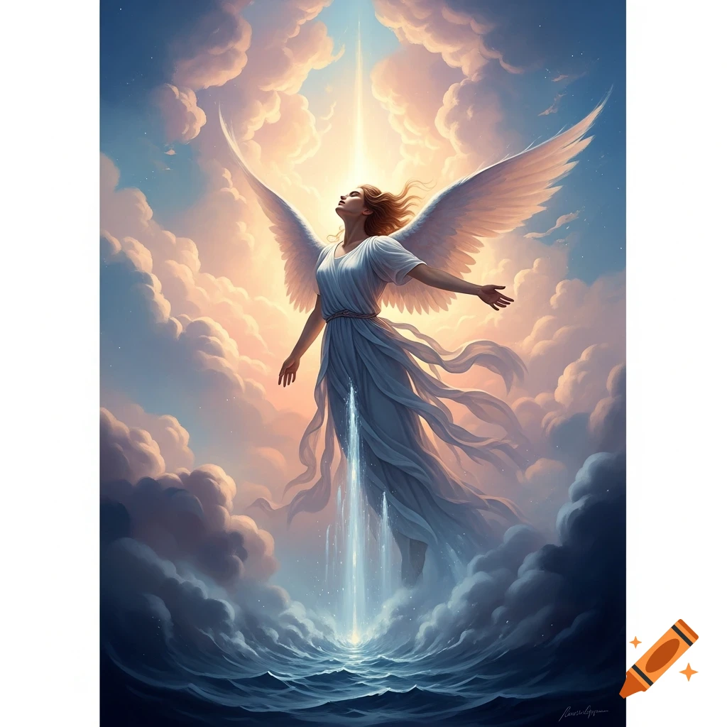 An angelic woman with large white wings ascends from shimmering water ...