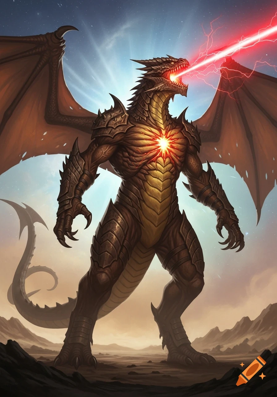 A massive bipedal kaiju dragon with brown skin and a yellow plated ...