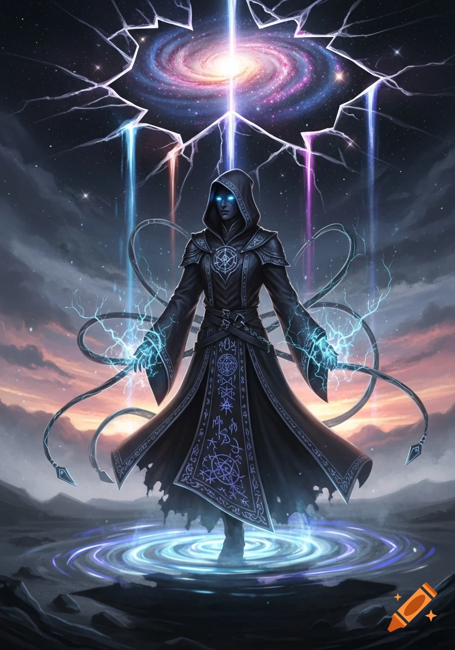 A dark robed mage with glowing blue eyes stands amidst swirling magical ...