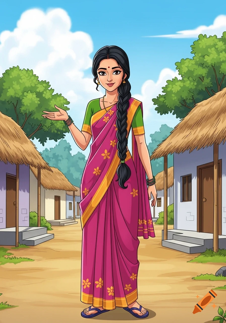 A smiling cartoon Indian woman in a pink floral saree and green blouse ...