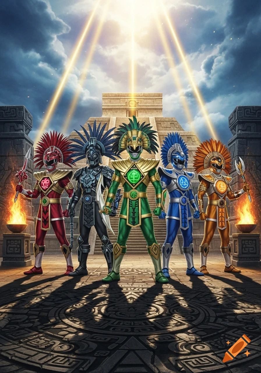 Five Power Rangers in Aztec-inspired suits with feathered headgear ...