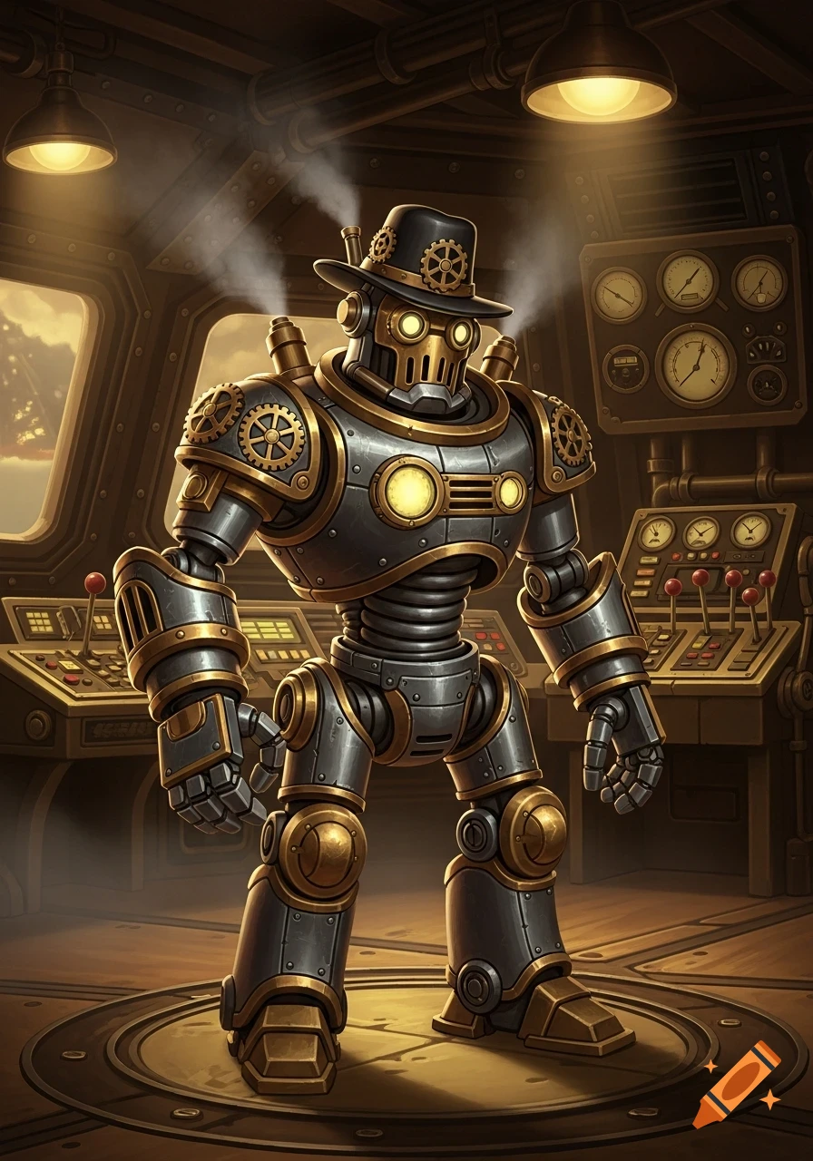 A detailed steampunk robot wearing a top hat and goggles stands in a ...