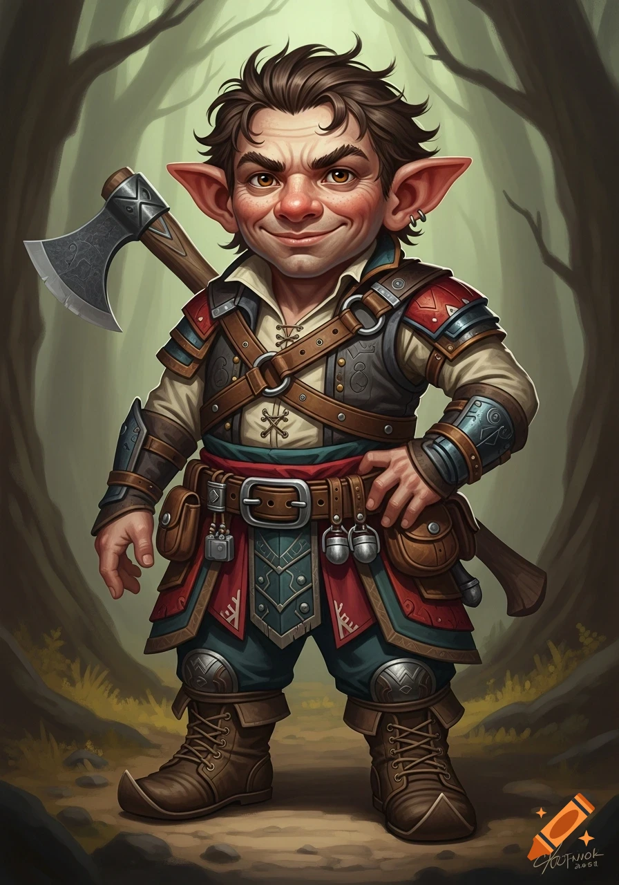 A stylized illustration of a small, smiling gnome adventurer with an ...