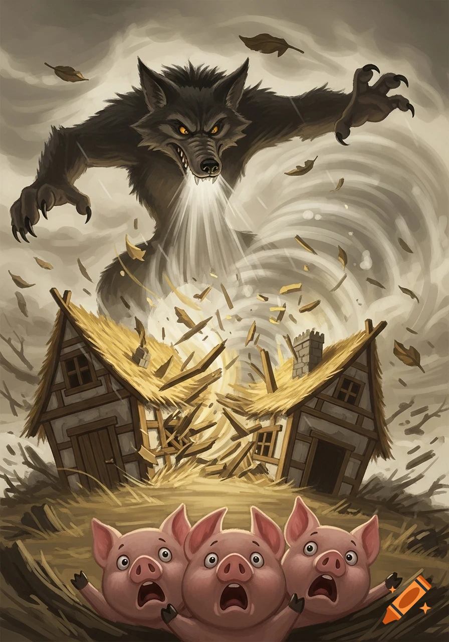A cartoon big bad wolf blows down two straw houses while three little ...