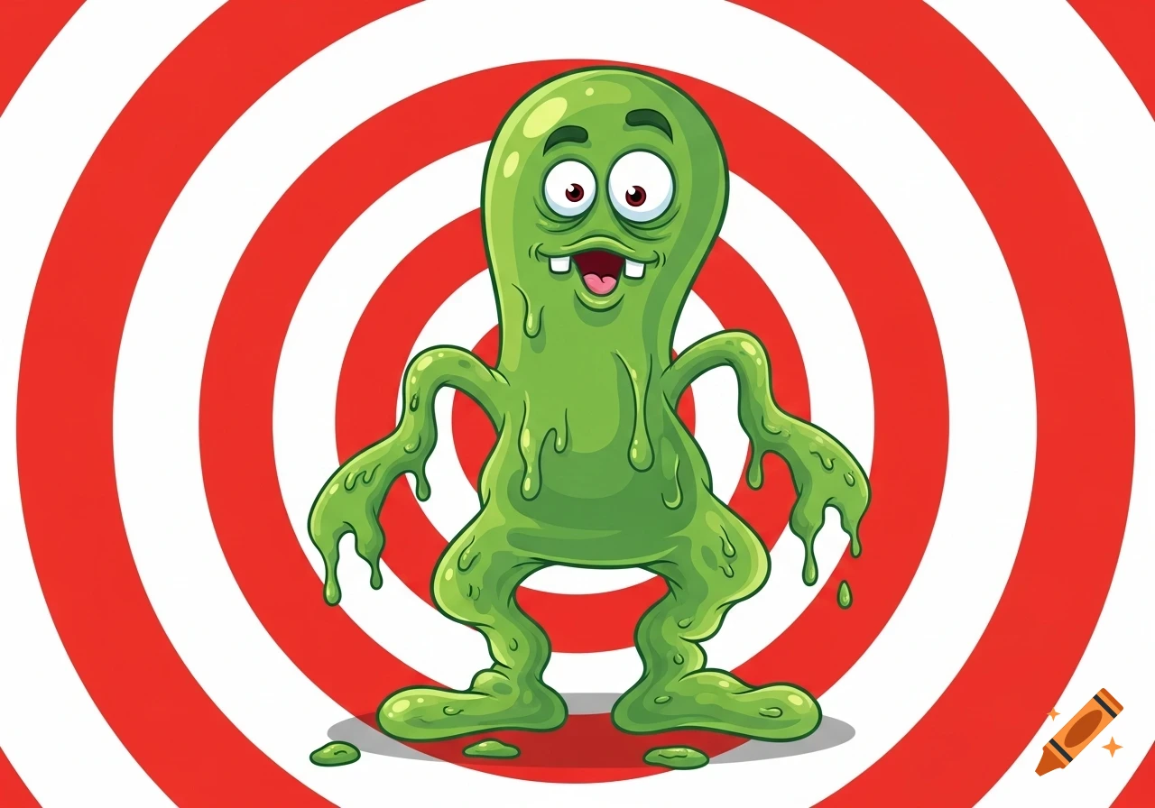Goofy green slimy blob monster with big eyes and a wide smile, standing ...