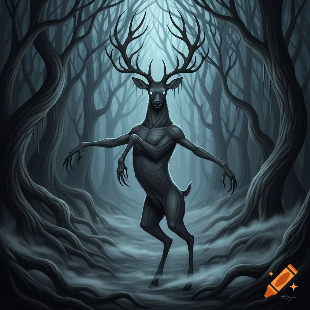 A dark, bipedal deer-like creature with human arms, sharp claws ...