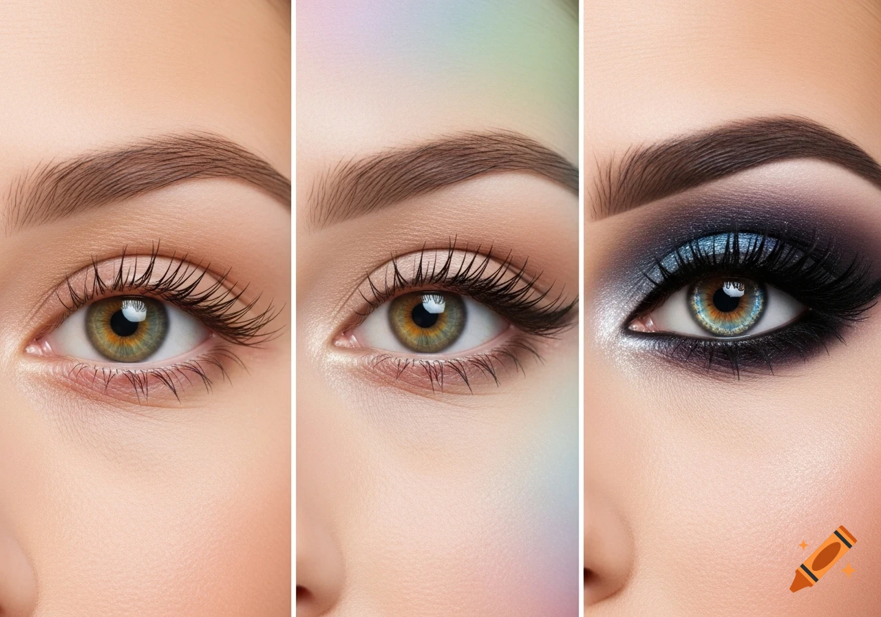 A triptych showing a woman's eye with no makeup, natural makeup, and ...