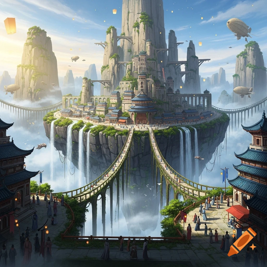A fantastical Asian-inspired city on a floating island with waterfalls ...