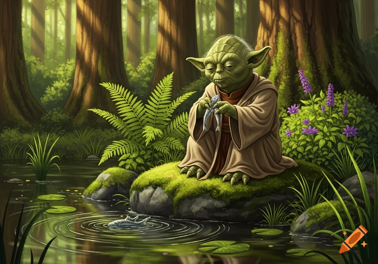 Yoda, dressed in a brown robe, sits on a mossy rock in a forest pond ...