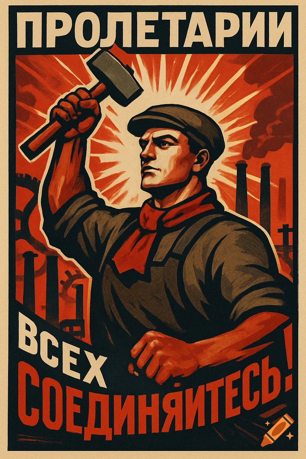 A Soviet propaganda poster featuring a worker raising a hammer against ...