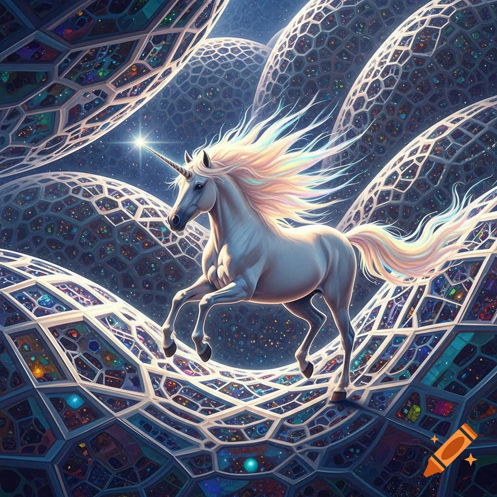 A majestic white unicorn with a rainbow mane leaps across a glittering ...