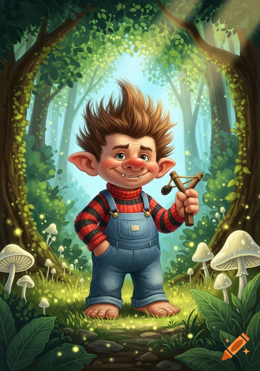 A mischievous cartoon troll with spiky brown hair, red nose, and large ...