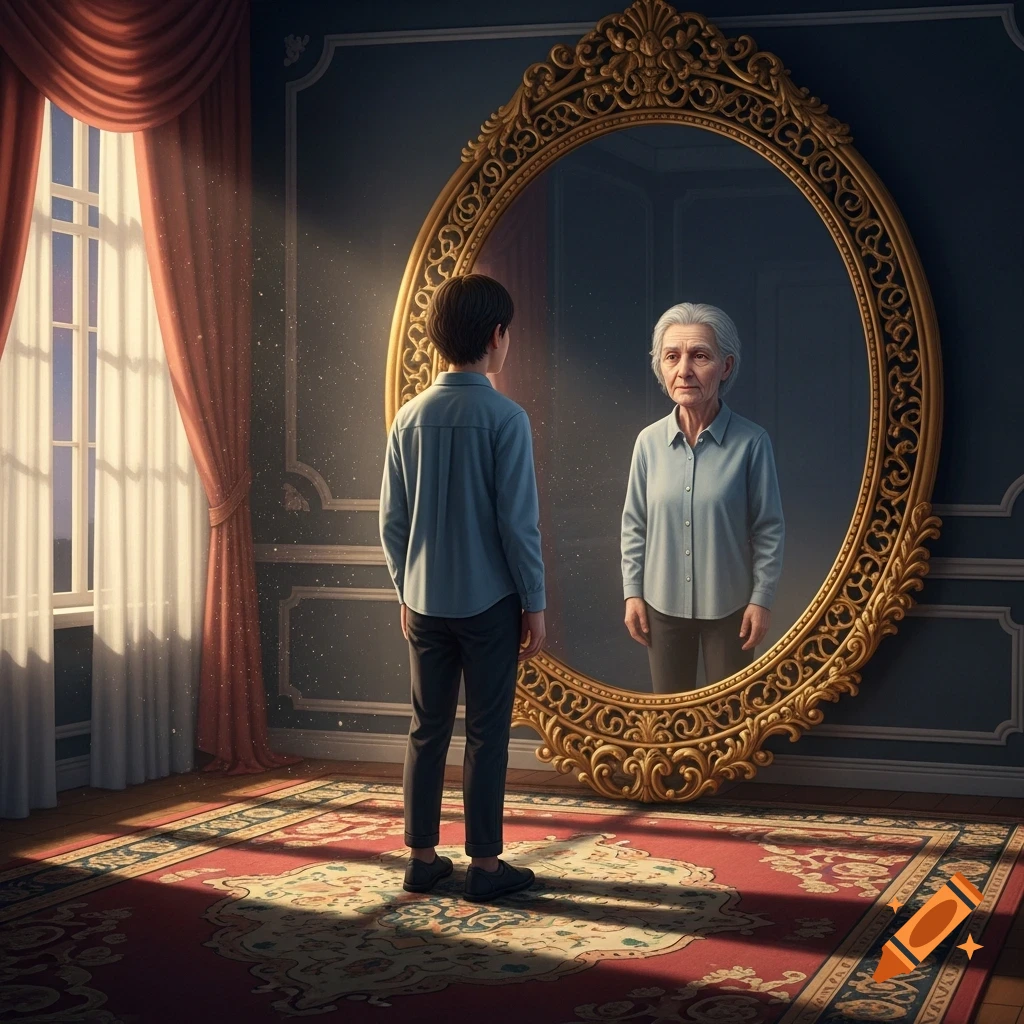 A young person looks into an ornate mirror, seeing an older version of ...