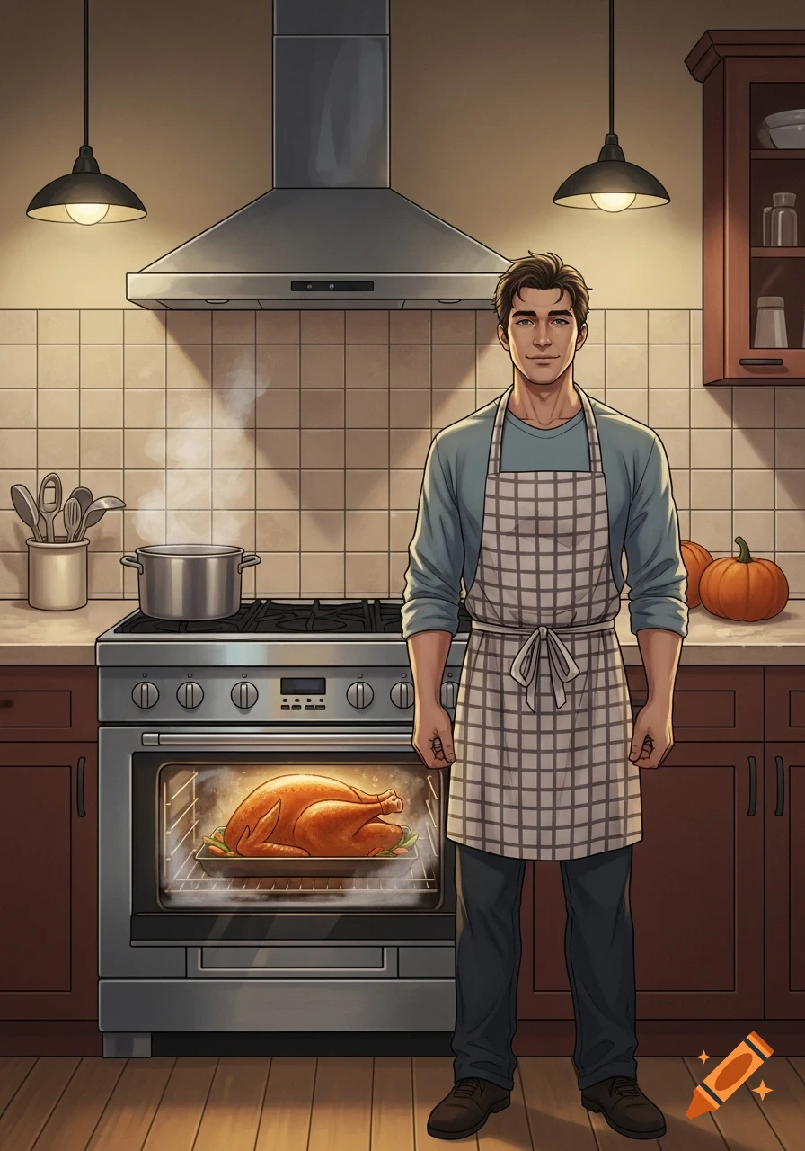 A man in a blue shirt and plaid apron stands stiffly in a kitchen, with ...